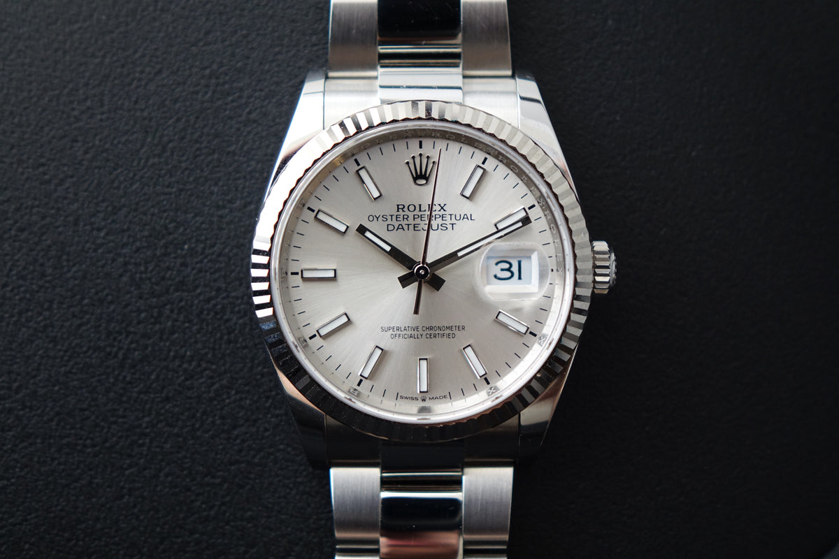 Rolex DateJust 36 126234 silver baton dial full set – Wristime